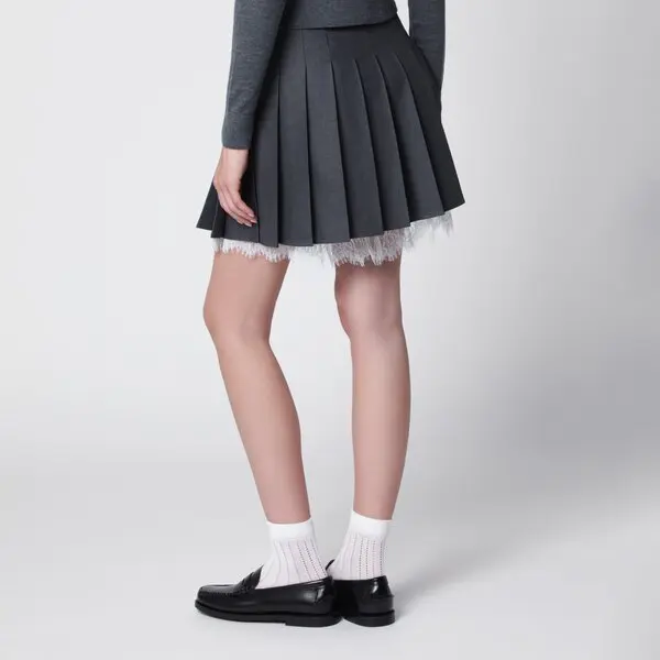 SELF-PORTRAIT Pleated Wool Mini Skirt With Lace Trim - Gray