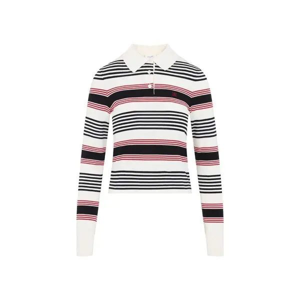 Celine Striped Cotton Polo Knit Sweater - White