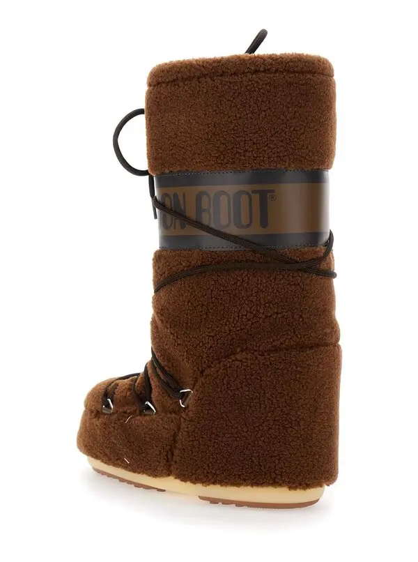Moon Boot Icon' Brown Snow Boots With Maxi Logo Print On The Side In Fleece - Multicolor