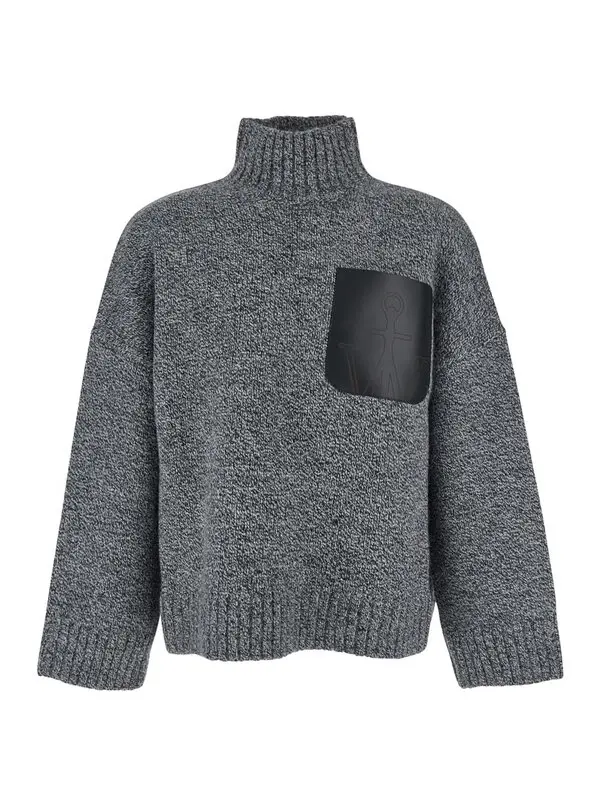 JW Anderson Grey Sweater With High Neck And One Front Patch Leather Pocket In Wool Blend - Multicolor