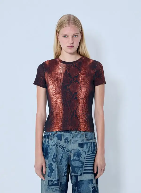 JEAN PAUL GAULTIER Cotton Ribbed Python Print T-shirt - Brown
