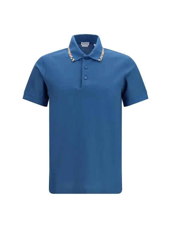 Burberry Cotton Polo With Check Trims - Blue