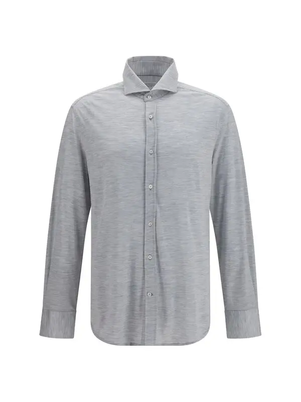 Brunello Cucinelli Silk And Cotton Jersey Shirt With Spread Collar - Gray