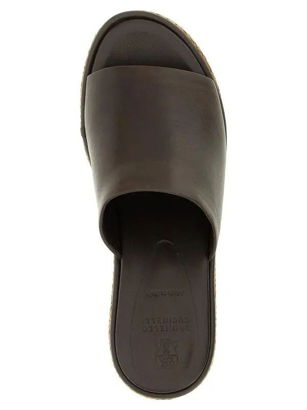 Brunello Cucinelli Leather And Raffia Wedges - Brown