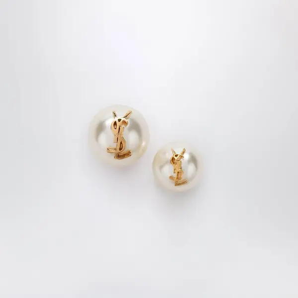 Saint Laurent Asymmetrical Earrings With Pearl And Cassandre Logo - Silver