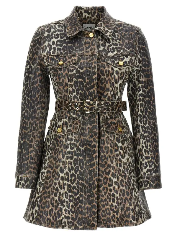 GANNI Leopard Print Denim Mini Dress - Multicolor