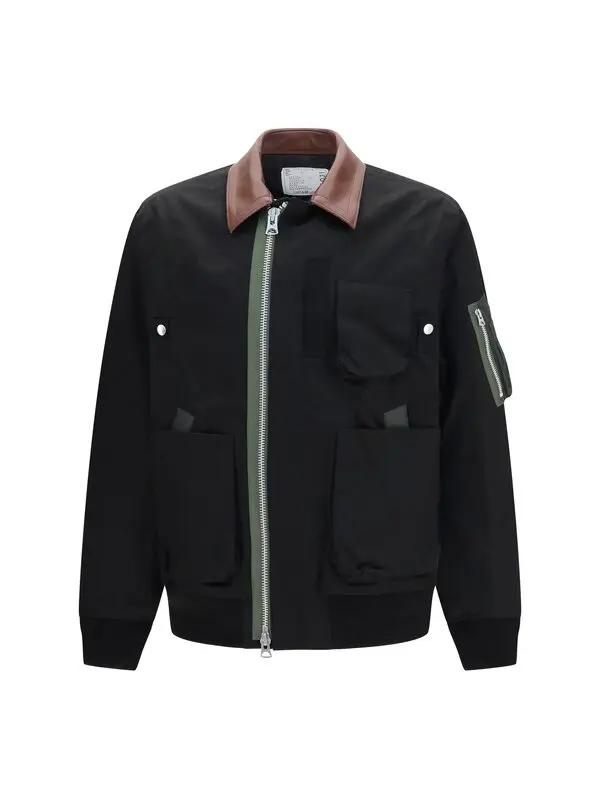 Sacai Cotton Bomber Jacket With Leather Details - Black