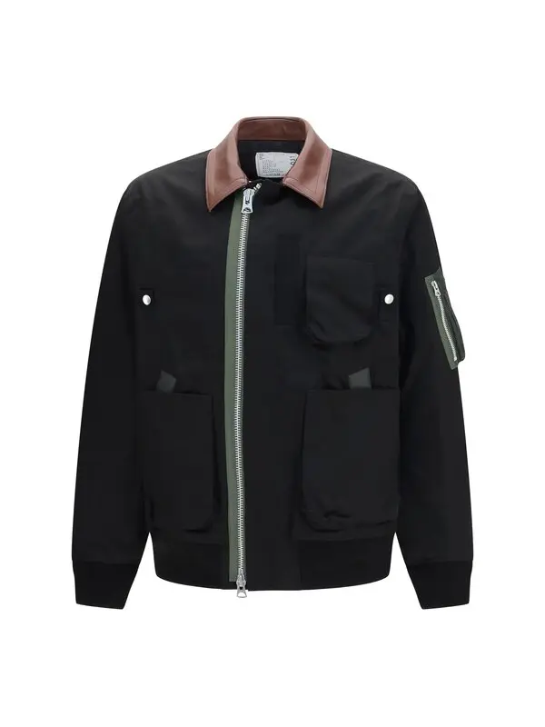 Sacai Cotton Bomber Jacket With Leather Details - Black
