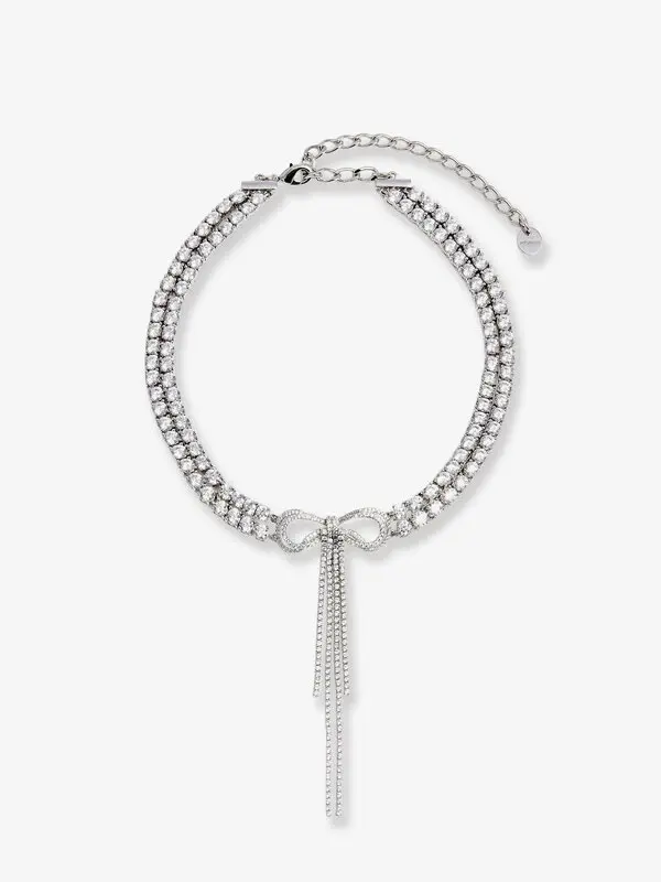 SELF-PORTRAIT Double Crystal Bow Choker - Silver