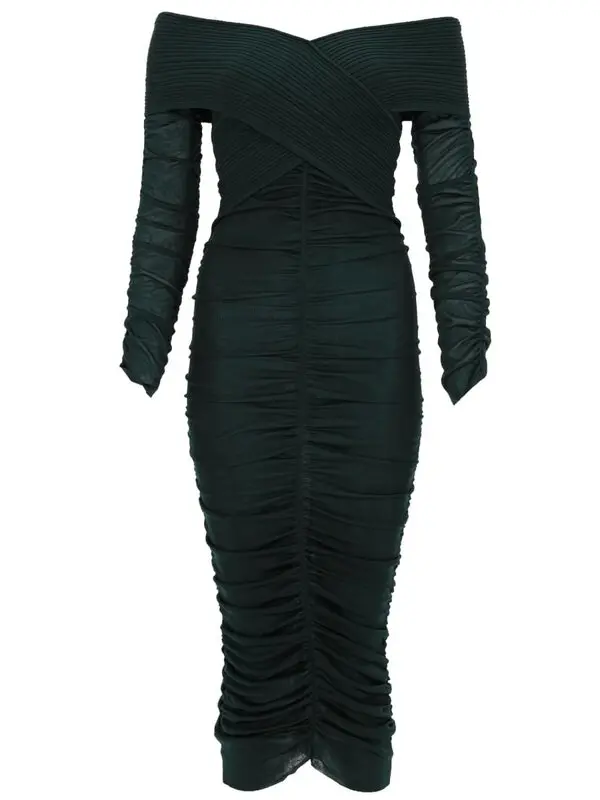 SELF-PORTRAIT Viscose Gathered Midi Dress - Green