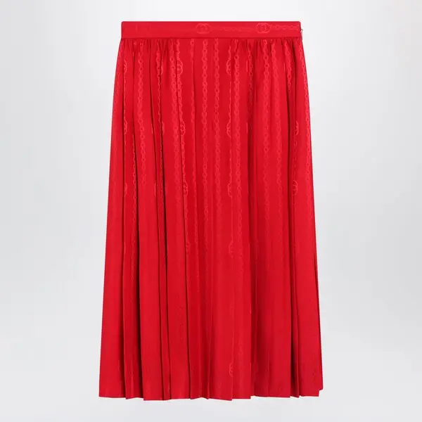 Gucci Pleated Silk Jacquard Midi Skirt With Gg Chain In Fire - Red
