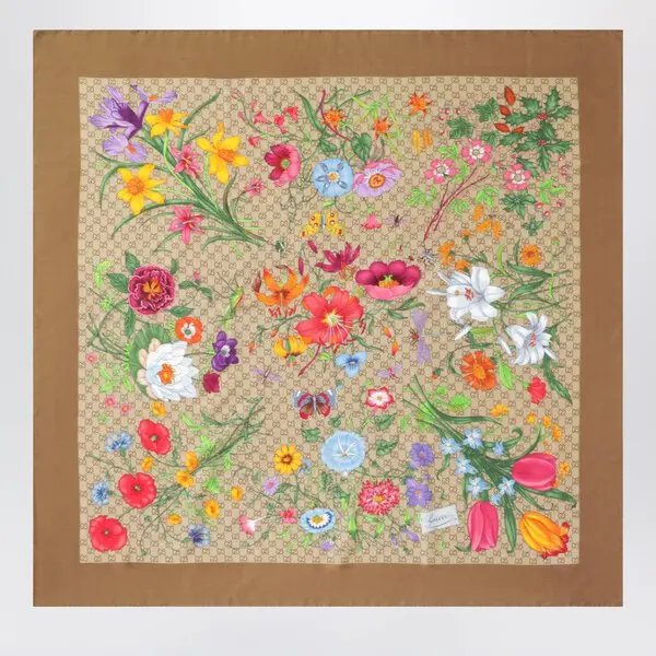 Gucci Wool And Silk Shawl With Flora And Gg Print In Shell - Multicolor
