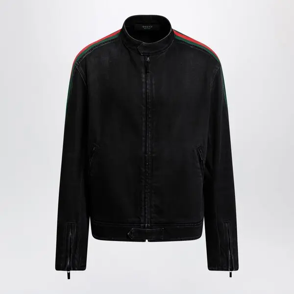 Gucci Cotton Denim Biker Jacket With Web Trim - Black