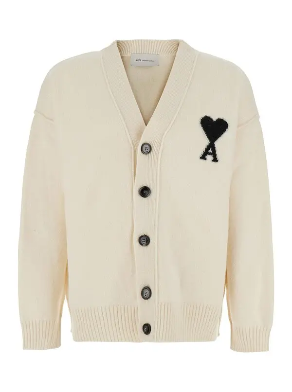 AMI Paris V-neck Cardigan With Logo - White