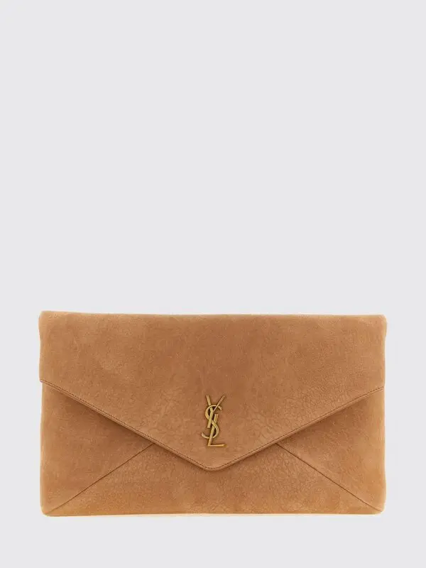 Saint Laurent Suede Calfskin Envelope Clutch With Monogram - Brown