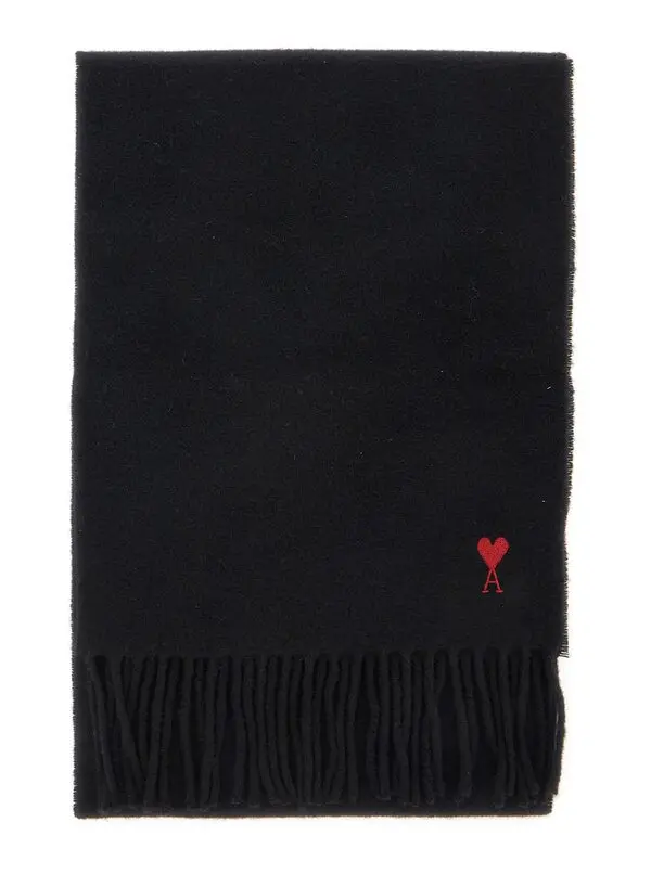 AMI Paris Wool Scarf With Red De Coeur Embroidery And Black Color - Multicolor