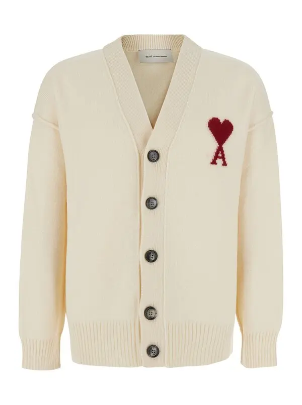 AMI Paris V Neck Cardigan With De Coeur, In Knit, Black - White