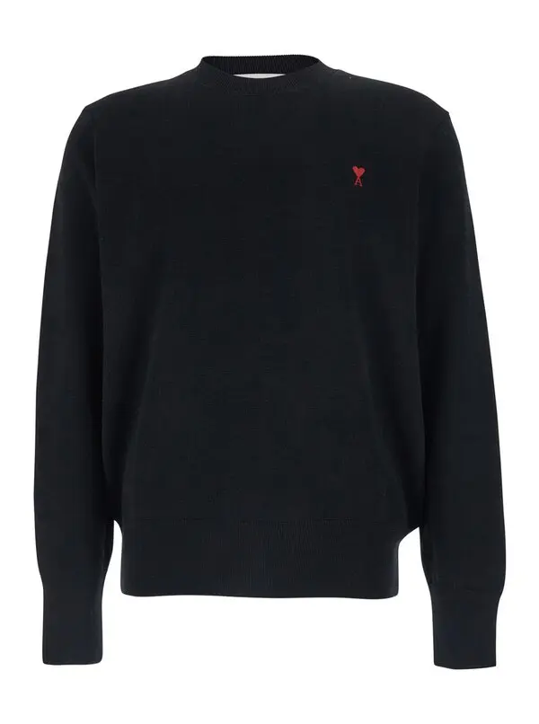 AMI Paris Crewneck Sweater With Adc Embroidery On The Front In Wool Blend - Black