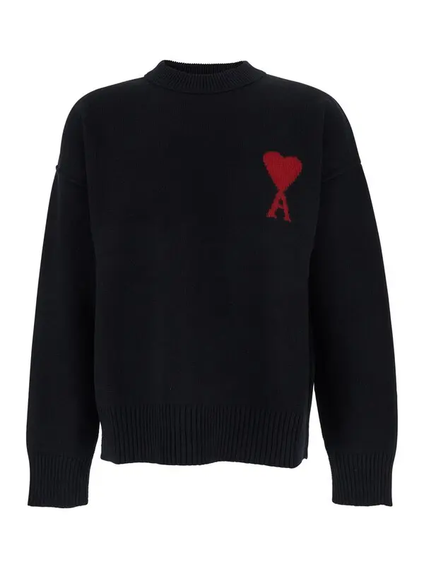 AMI Paris Crewneck Sweater With Adc Embroidery On The Front In Wool For - Black