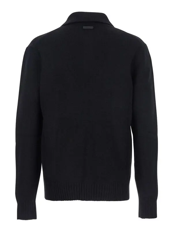 Dolce & Gabbana Black Sweater With Polo Collar And Back Logo Patch In Wool - Multicolor