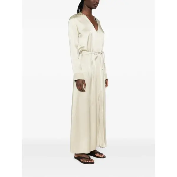 FORTE_FORTE Satin V-neck Long Sleeve Midi Dress