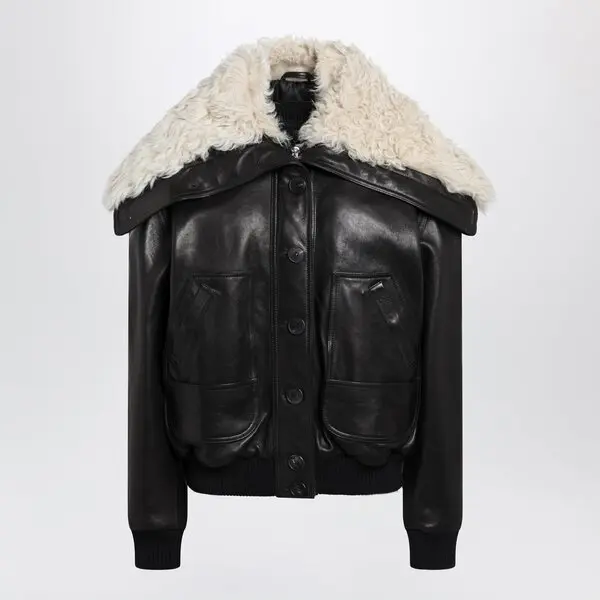 Attico Leather Bomber Jacket With Shearling Collar