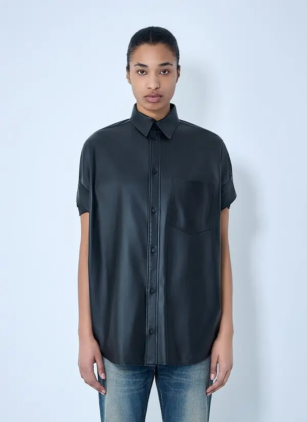 Balenciaga Tucked Sleeve Leather Shirt - Black