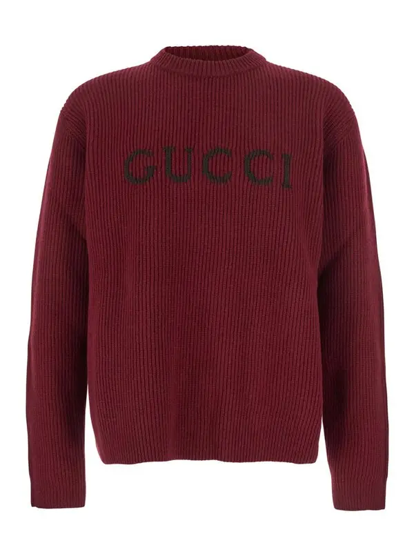 Gucci Bordeaux Crewneck Sweater With Logo Lettering Embroidery On The Front In Wool - Multicolor