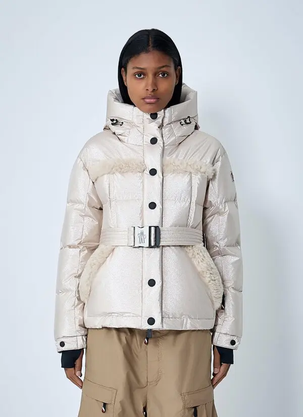 Moncler Belted Down Jacket With Faux Fur Trim - Cream
