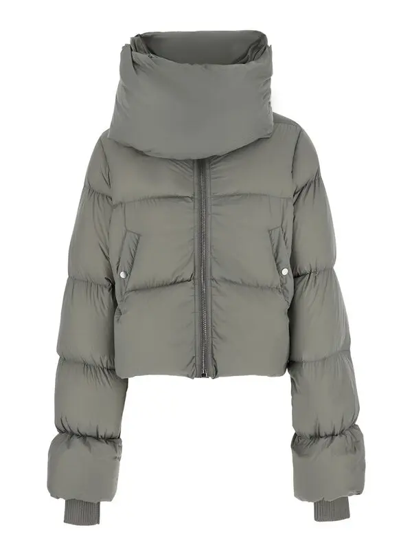 Rick Owens Down Jacket With High Collar And Long Sleeves In Gray Tech Fabric - Multicolor