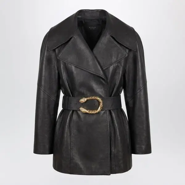 Gucci Leather Jacket With Dionysus Belt - Black