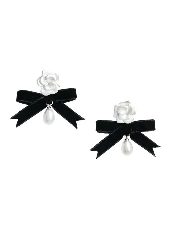 SELF-PORTRAIT Earrings Pearl Black Bow With Pearls And Bow, In Metal, White - Multicolor