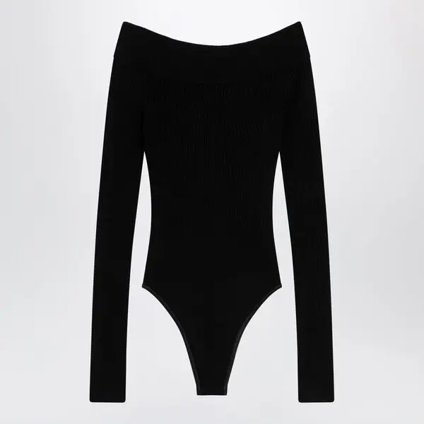 Alaïa Shaping Ribbed Knit Off-shoulder Bodysuit - Black