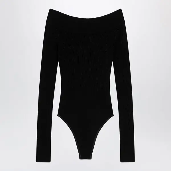 Alaïa Shaping Ribbed Knit Off-shoulder Bodysuit - Black