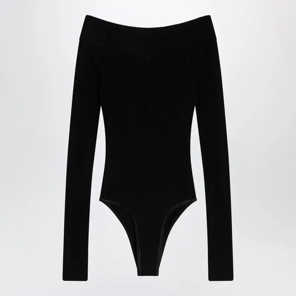 Alaïa Shaping Ribbed Knit Off-shoulder Bodysuit - Black