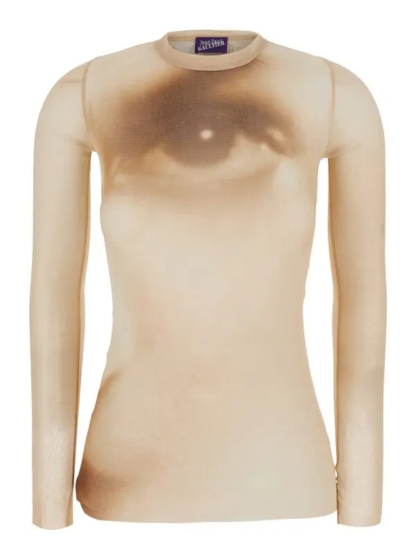 JEAN PAUL GAULTIER Beige T-shirt With Face Print And Long Sleeves In Tech Fabric For - Multicolor