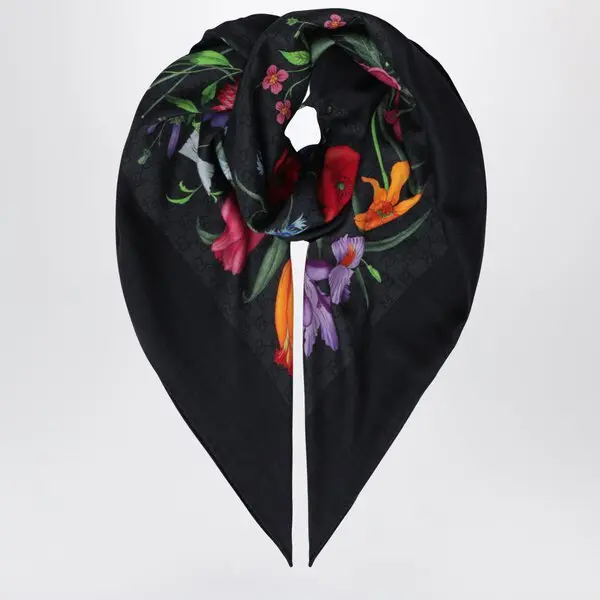 Gucci Wool And Silk Scarf With Floral Print - Black