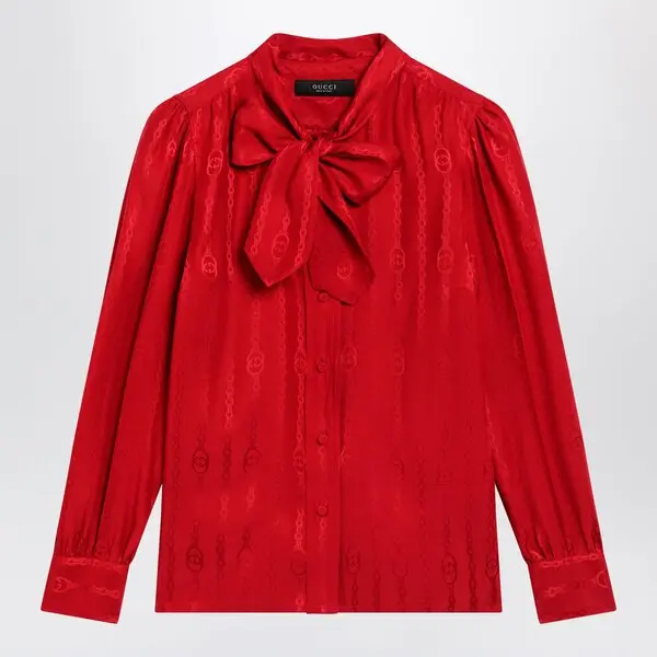 Gucci Silk Jacquard Shirt With Interlocking Gg Chain Motif - Red