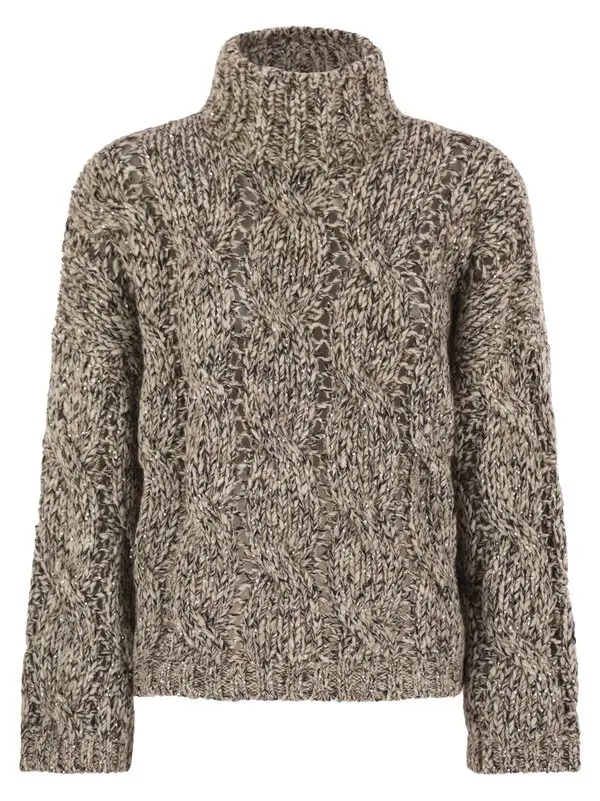 Brunello Cucinelli Soft Wool, Cashmere And Mohair Turtleneck Sweater With Braided Design - Cream