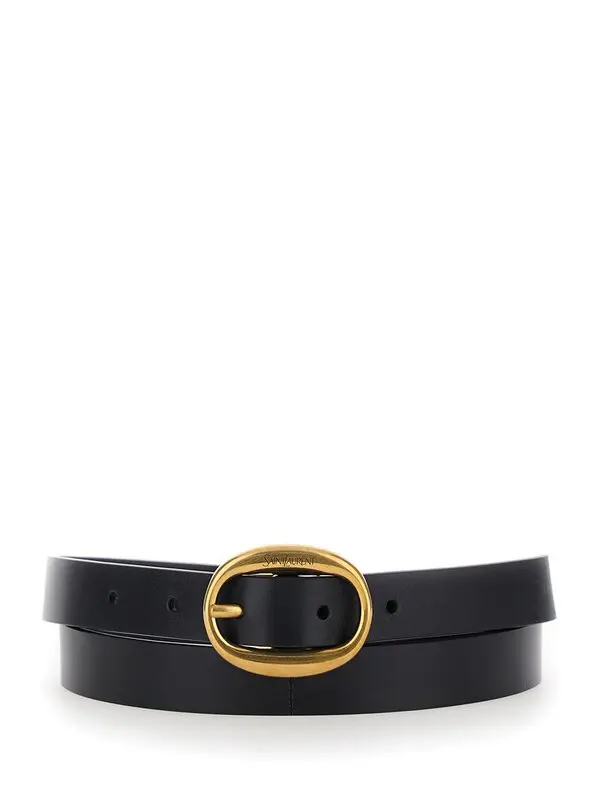 Saint Laurent Black Belt With Oval Buckle Closure With Logo Lettering In Leather For - Multicolor