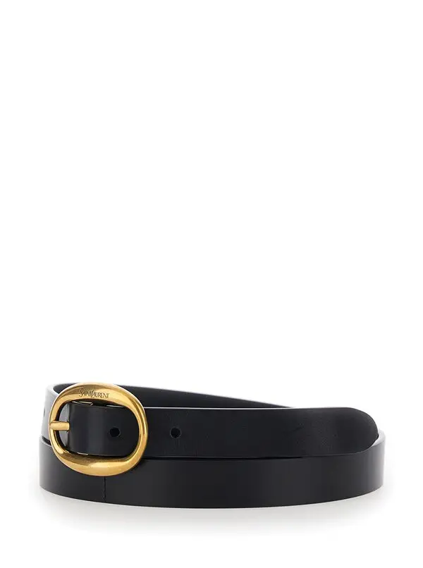 Saint Laurent Black Belt With Oval Buckle Closure With Logo Lettering In Leather For - Multicolor