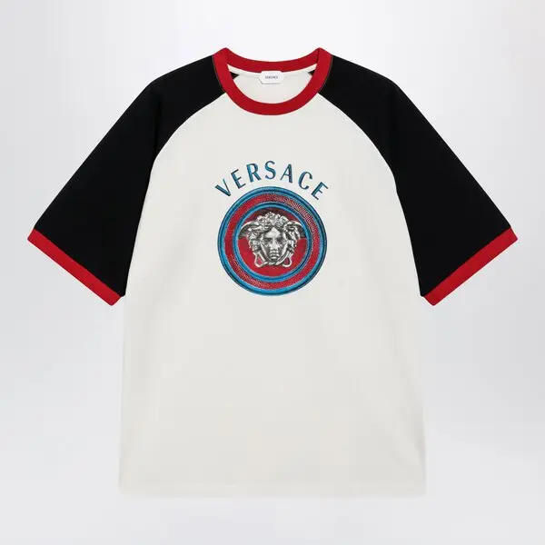 Versace Black Cotton T-shirt With Medusa Print - White