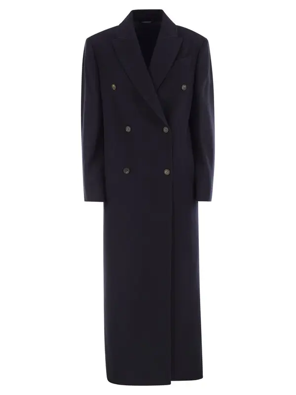 Brunello Cucinelli Long Wool Coat With Jewellery - Blue