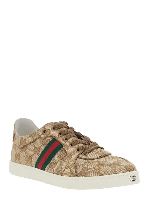 Gucci Stretch Beige Gg Motif Web Detail Fabric And Leather Sneaker - Multicolor