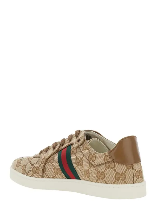 Gucci Stretch Beige Gg Motif Web Detail Fabric And Leather Sneaker - Multicolor