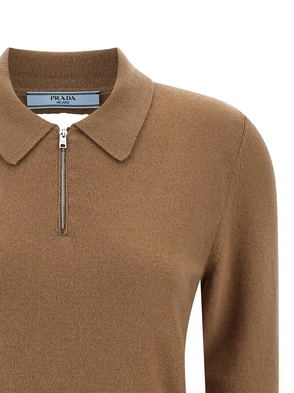 Prada Cashmere Quarter Zip Wool Polo Shirt - Cream