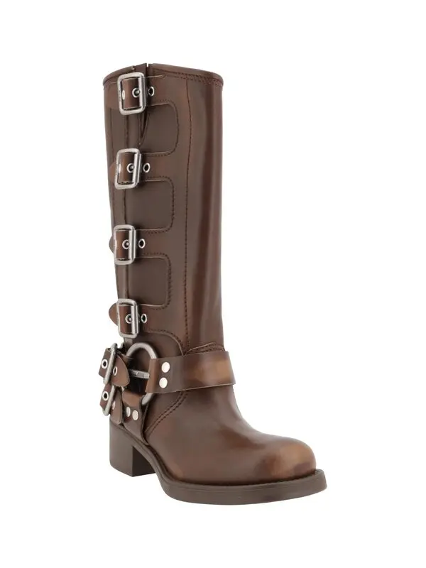 Miu Miu Leather Buckled Mid Calf Boots - Brown