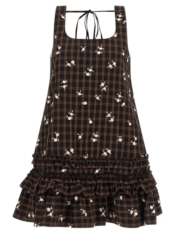 GANNI Check Flower Mini Dress - Brown