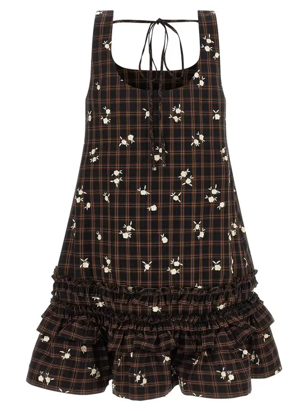 GANNI Check Flower Mini Dress - Brown