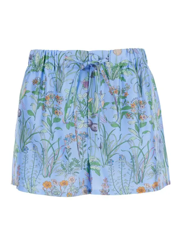 Gucci Light Blue Shorts With Elasticated Waist And Drawstring And All-over Floral Print In Silk For - Multicolor